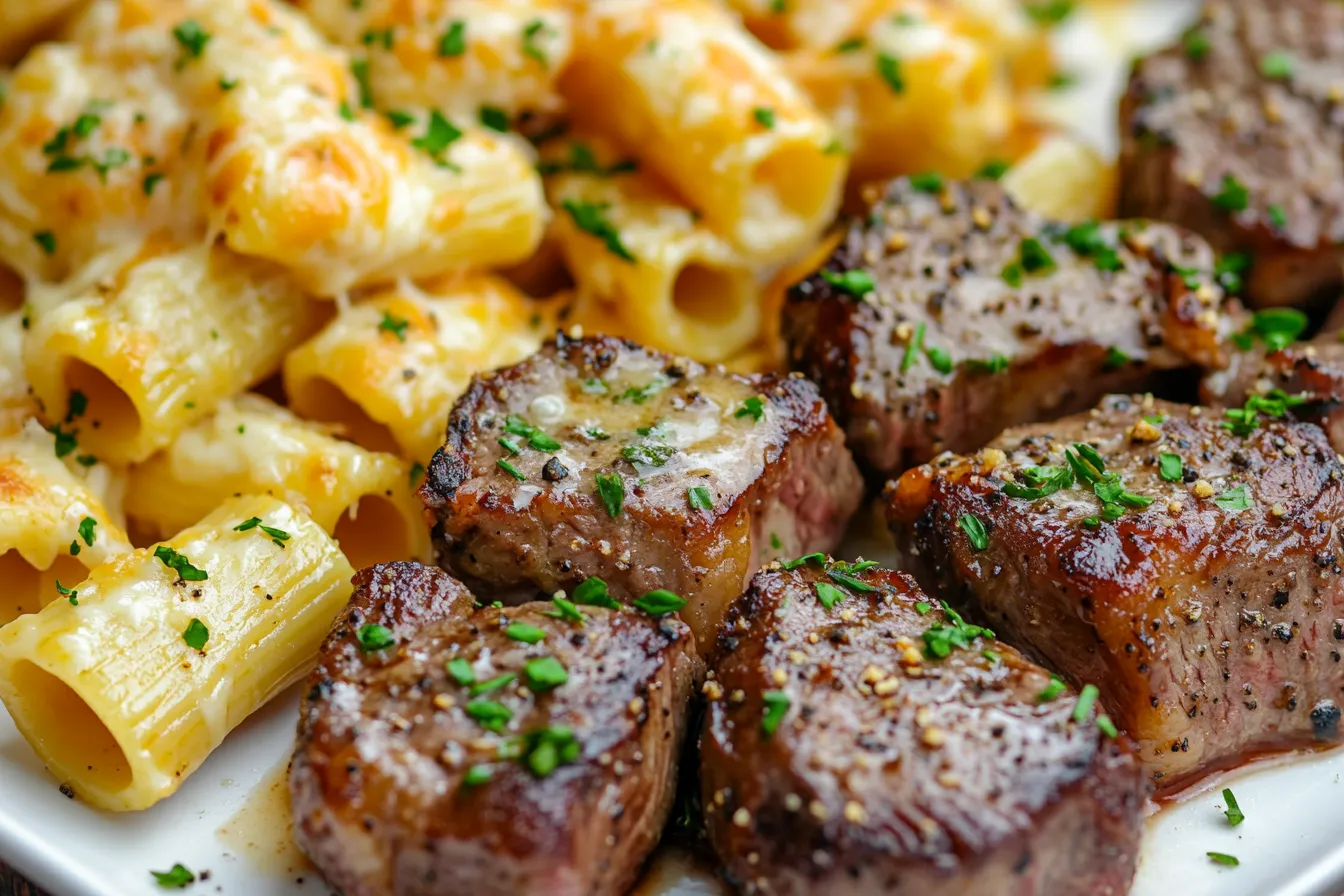 Savory Garlic Butter Steak Tips with Cheesy Rigatoni Delight